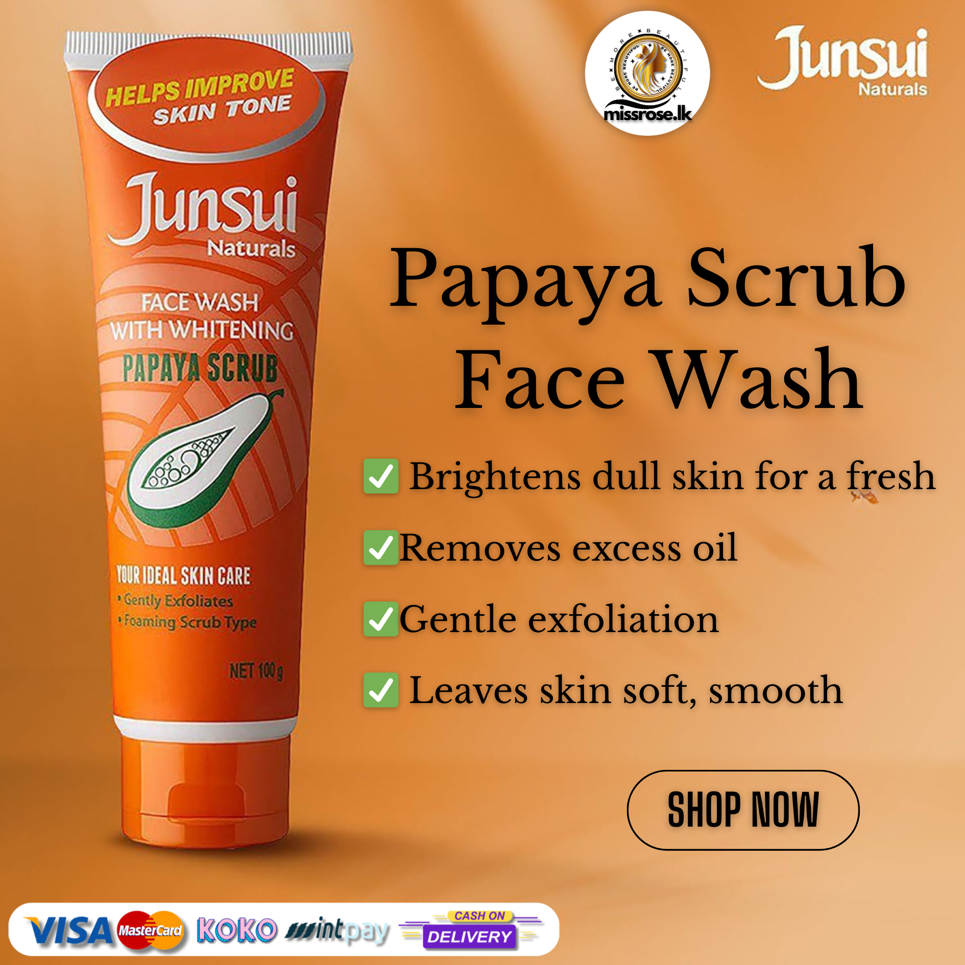 Junsui Naturals Face Wash with Whitening Papaya Scrub 100g | Missrose.lk