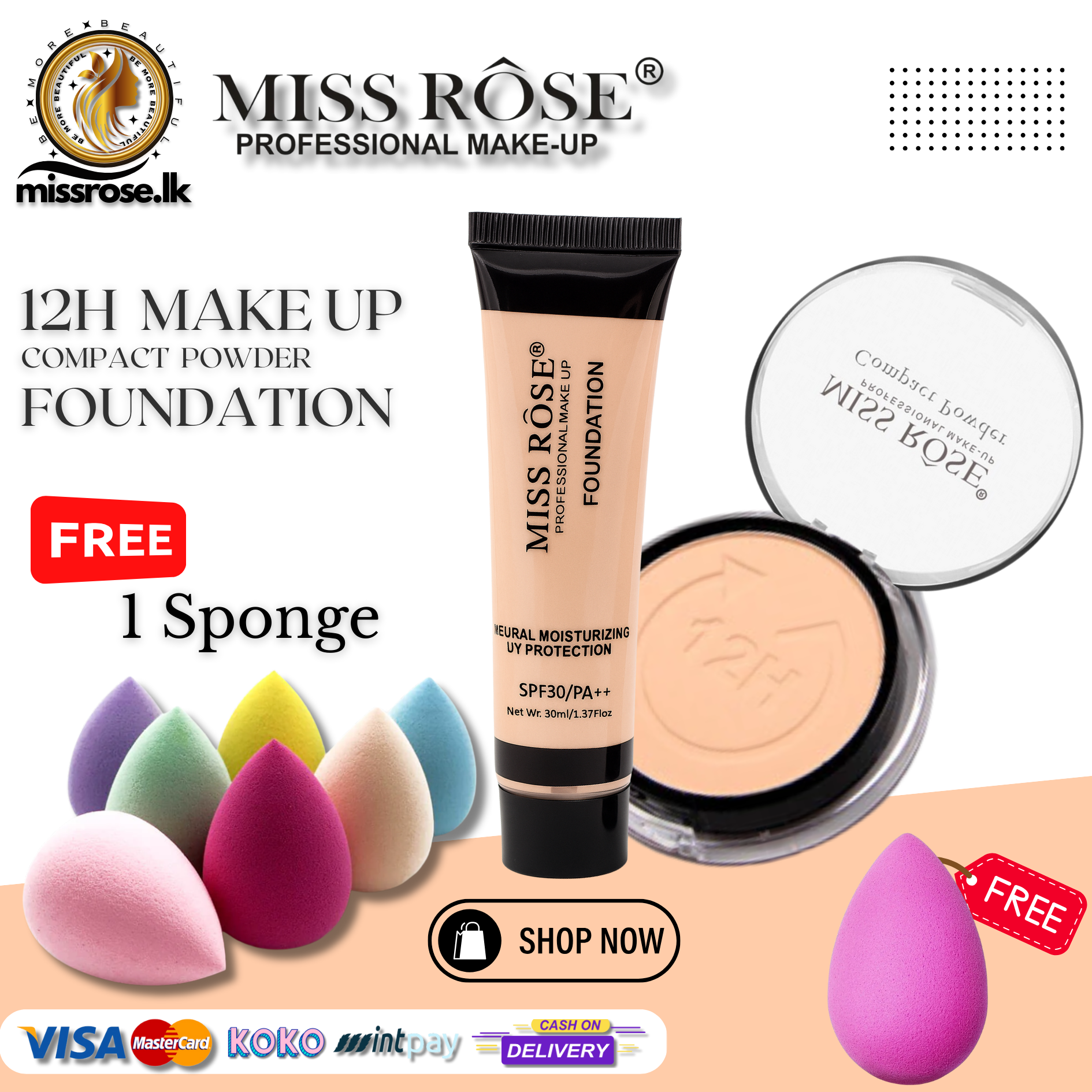Miss Rose 12H Compact Powder Foundation + FREE Beauty Sponge – Missrose.lk